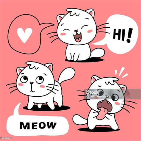 스피치 버블이 있는 다른 포즈로 귀여운 흰 고양이의 일러스트레이션 벡터 세트 고양이 새끼에 대한 스톡 벡터 아트 및 기타 이미지