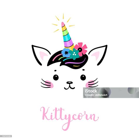 어린이 디자인에 대한 꽃 화환 벡터 귀여운 유니콘 고양이 머리 매직 캐티콘 또는 키티콘 보육 포스터입니다 꽃 유니콘 뿔과 재미있는 머리 앞머리와 마법의 새끼 고양이 얼굴 0