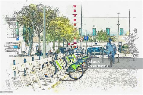수채화 스케치 또는 일러스트 레이 션입니다 리스본의 거리 자전거 렌탈 스케치에 대한 스톡 사진 및 기타 이미지 스케치