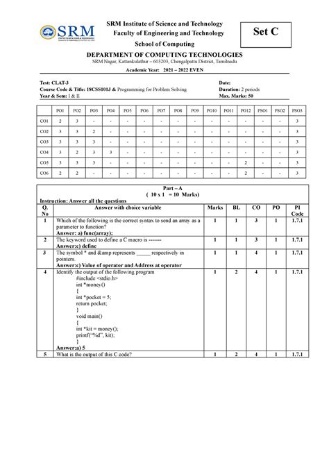 Set C Answer Key Ct 3 Pps Clat 3 Set C Question Paper Srm Institute Of Science And