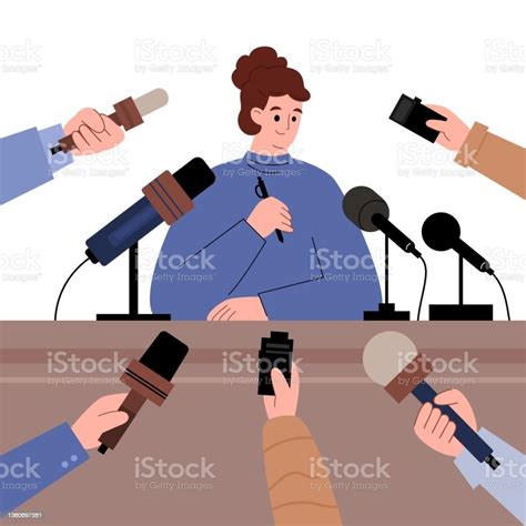 기자 회견에서 인터뷰를주는 유명한 여성 기자와 기자는 마이크와 레코더와 손을 Live Event에 대한 스톡 벡터 아트 및 기타 이미지 Live Event 가리기