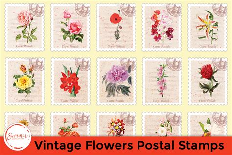 Postage Stamps Vintage Flowers Stickers Graphic By Summer Digital