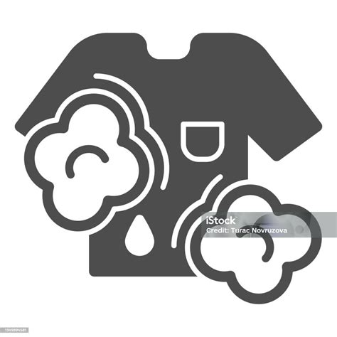 T 셔츠 세탁 거품 과 물 드롭 솔리드 아이콘 드라이 클리닝 컨셉 흰색 배경에 얼룩 제거 벡터 기호 모바일 개념 및 웹 디자인을