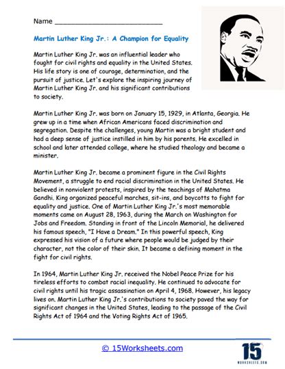 Martin Luther King Jr Day Worksheets 15 Worksheets