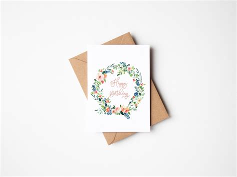 Floral Wreath Happy Birthday Card Blank Interior Watercolor Wednesday