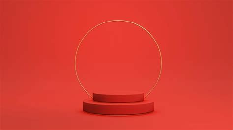 레드 골드 연단의 3d 렌더링 개념 제품 스탠드 빨간색 연단과 황금 둥근 요소는 상업 디자인을 위해 구성되었습니다 밝은 빨간색3d 렌더링됩니다 3d 그림 3차원 형태에 대한