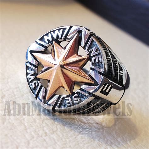 Compass Ring Sterling Silver 925 And Bronze And Black Cubic Zirconia E