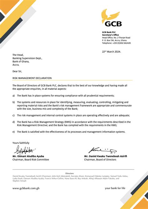 Gcb Board Risk Management Declaration Gcb Bank Plc