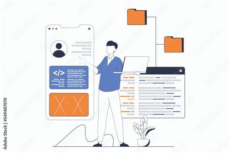 app development concept with people scene in flat outline design man