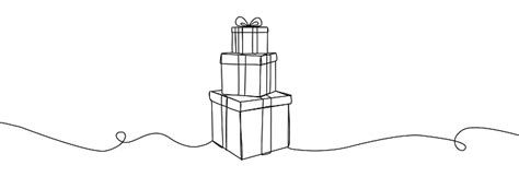 선물 상자 한 선 그리기 연속 한 줄 선물 상자 리본 활과 함께 선물 손으로 그린 인사말 선물 상자 라인 아트 크리스마스 서프라이즈 선물 상자 더미 색종이 조각에 대한 스톡