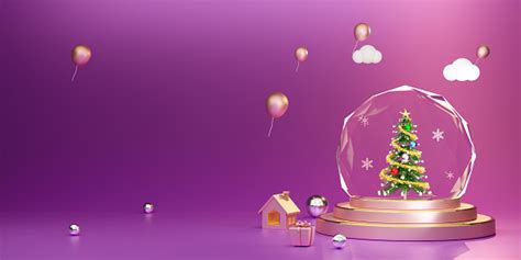웹 사이트 또는 포스터 또는 행복 카드 크리스마스 배너 및 축제 새해 현실적인 3d 일러스트 레이 션 또는 3d 렌드를위한 보라색 구성의 크리스마스 트리와 스노우 글로브가