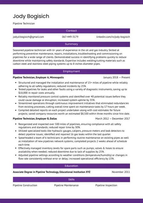 Pipeline Technician Resume Cv Example And Writing Guide