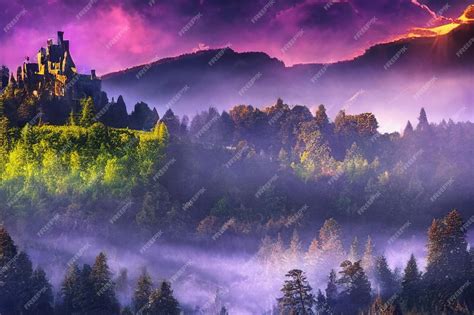 Château Dans Les Montagnes Du Matin Illustration Numérique Photo Premium