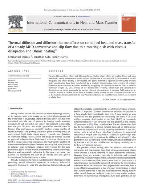 Pdf Thermal Diffusion And Diffusion Thermo Effects On Combined Heat Mass Transfer Of A Steady