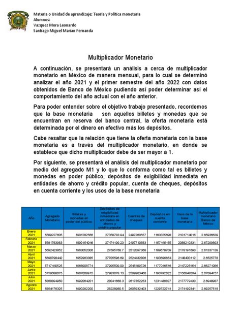 Base Monetaria Y Multiplicador Monetario Pdf Oferta De Dinero
