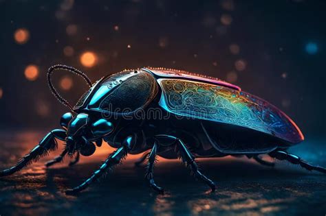 Neon Cyborg Close Up Of High Tech Insect With Glowing Metal Skin Stock