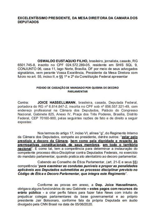 Protocolado Pedido De Cassação Do Mandato Parlamentar De Joice Hasselmann
