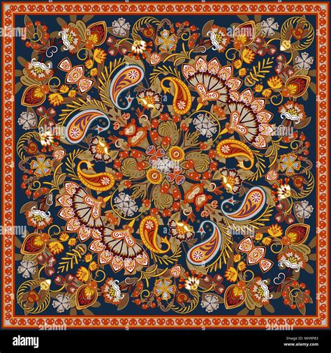 Vector Ornament Paisley Bandana Print Silk Neck Scarf Or Kerchief