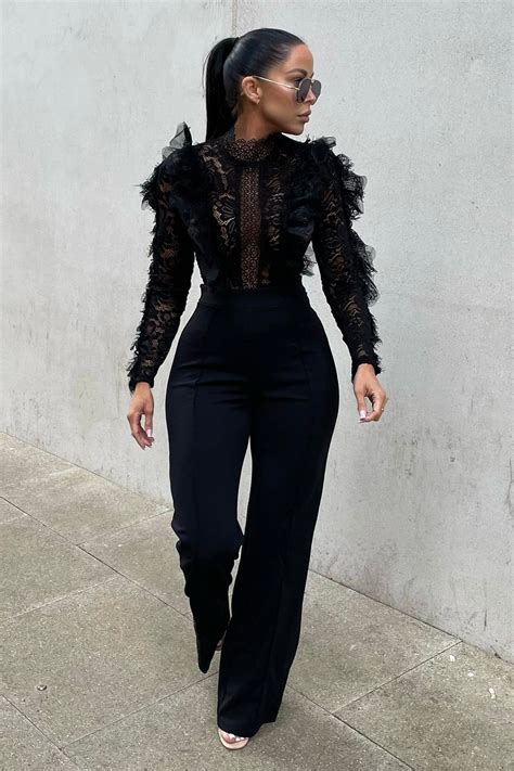 Black Lace Jumpsuit Ruffle Jumpsuit Lace Jumpsuit Outfit Velvet