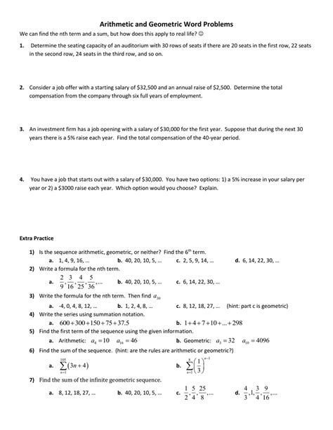 arithmetic and geometric sequences worksheet