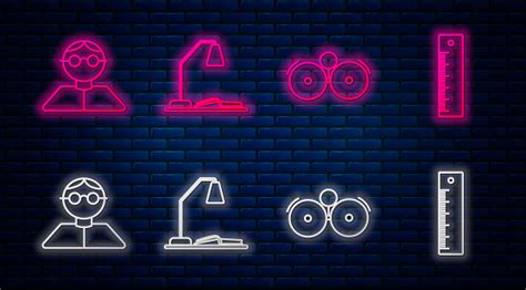 테이블 램프와 열린 책 울리는 알람 벨 학생 과 통치자와 라인 직장을 설정합니다 벽돌 벽에 빛나는 네온 아이콘입니다 벡터 교육에 대한 스톡 벡터 아트 및 기타 이미지