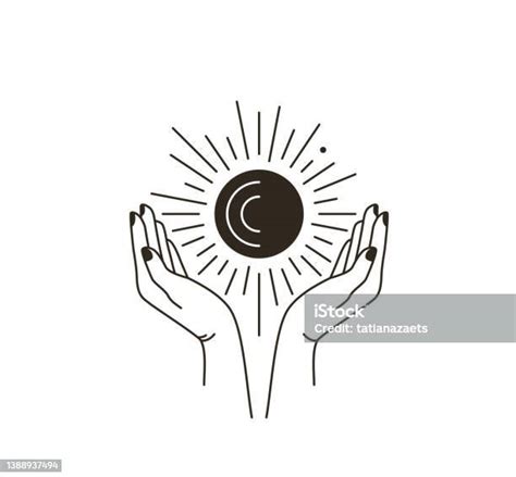 여성 손 로고 스타 달 흰색 배경에 고립 된 간단한 라인 플랫 보헤미안 스타일로 태양 뷰티 디자인에 대한 추상적 인 최소한의