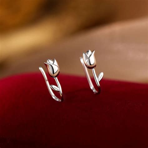 Fashion Silver Color Tulip Flower Stud Earrings For Women Girls Simple