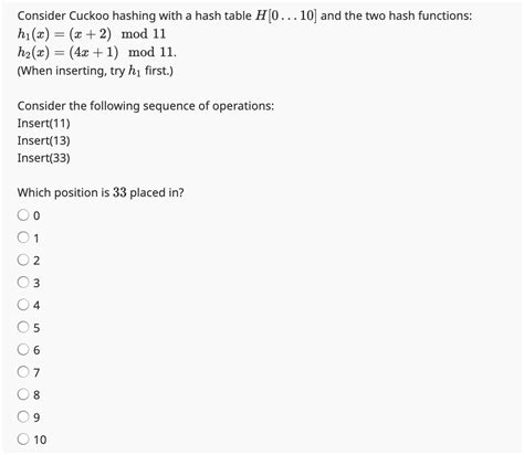 Solved Consider Cuckoo Hashing With A Hash Table H 0dots10 Chegg