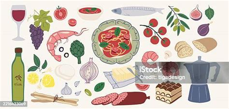 이탈리아 음식 추상 복고풍 아이콘입니다 파스타 새우 커피 토마토 와인 레몬 모짜렐라 티라미수 정어리 메뉴 카페 레스토랑 저녁 식사 재료 벡터 일러스트 레이 션 개체 그룹에