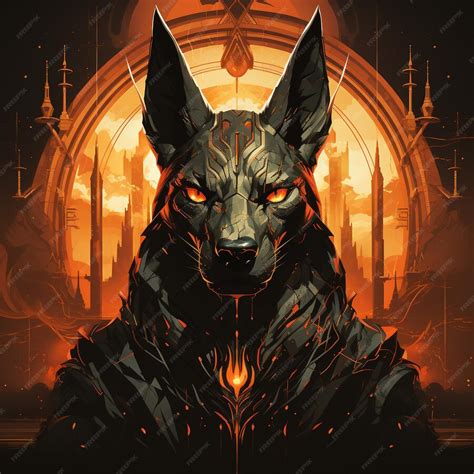 Anubis With Fire Like Glow In Hes Eyes And Some Fire Like Orange