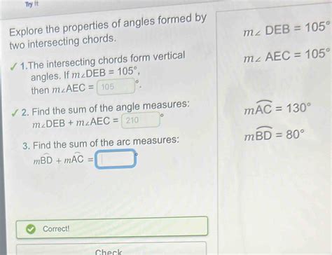 Solved Try It Explore The Properties Of Angles Formed By M∠ Deb 105° Two Intersecting Chords 1