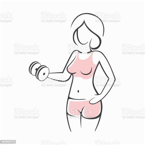 체육관에서 스포티 한 맞는 여자 그녀의 손에 있는 아령과 아름 다운 섹시 한 여자의 그림 벡터 그래픽 개요 실루엣의 일러스트 레이 션 Championship에 대한 스톡