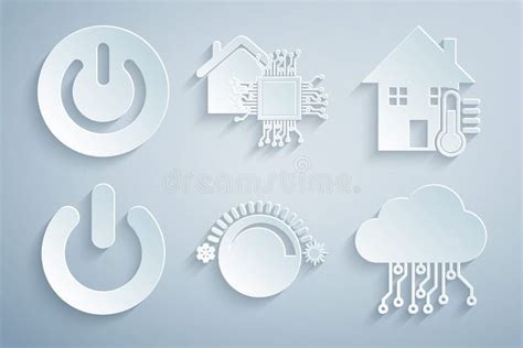 Set Thermostat House Temperature Power Button Internet Of Things Smart Home And Icon Vector