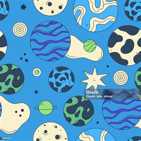 원활한 패턴 추상적 인 행성 별과 블루 벡터 그림 그루비 은하계 만화 공간 장난스럽고 초현실적인 스타일 사이키델릭 무드 강렬하고 밝은 색상에 대한 스톡 벡터 아트 및 기타