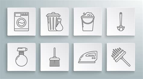 세트 라인 쓰레기통 및 쓰레기 봉투 손잡이 빗자루 전기 다리미 스퀴지 스크레이퍼 와이퍼 거품 거품이 있는 양동이 화장실 브러시 및 와셔 아이콘 벡터 가사 집안일에 대한 스톡