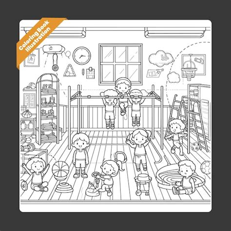 터로 손으로 그린 카와이 색칠 책 어린이들이 함께 놀고 있는 일러스트레이션 프리미엄 벡터