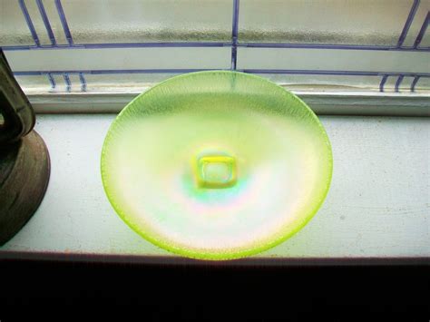 Fenton Stretch Glass Bowl Yellow Iridescent Vintage 1930s Footed Dish