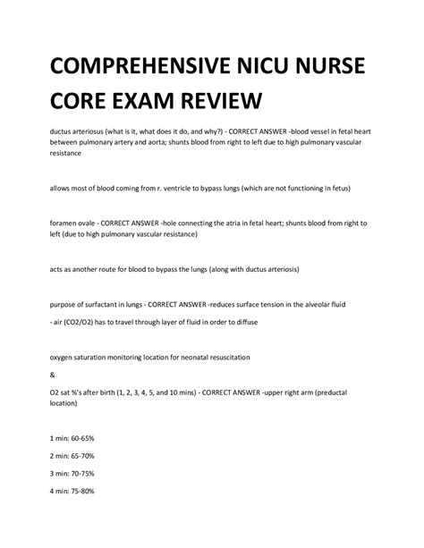 Comprehensive Nicu Nurse Core Exam Review Key Concepts In Neonatal