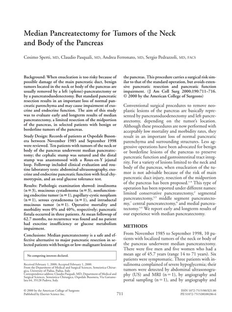 Pdf Median Pancreatectomy For Tumors Of The Neck And Body Of The Pancreas