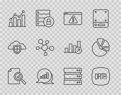Set Line Document With Graph Chart Data Analysis Browser Exclamation Mark Pie Infographic