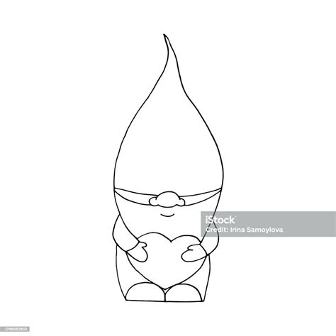 可愛的侏儒在帽子與心臟 貼紙素描手繪塗鴉風格單色極簡主義剪貼簿 有趣的角色 愛 情人節向量圖形及更多可愛圖片 Istock