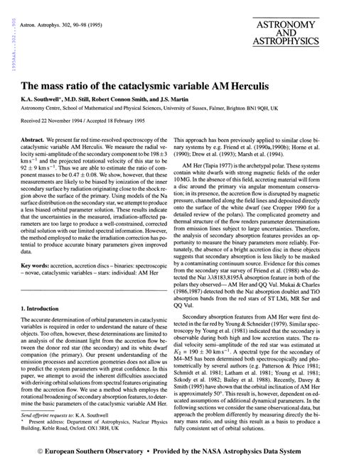 Pdf The Mass Ratio Of The Cataclysmic Variable Am Herculis