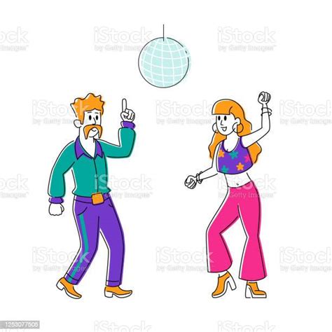 디스코 파티에서 양식에 일치시키는 복고풍 의상을 입은 남성과 여성 캐릭터 행복한 춤의 그룹 나이트 클럽 빈티지 이벤트에서 행복한 남자와 여자 클럽 선형 벡터 일러스트레이션