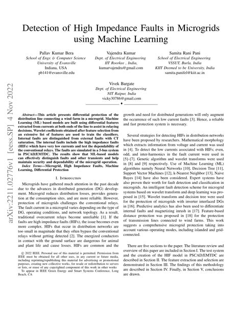 Pdf Detection Of High Impedance Faults In Microgrids Using Machine