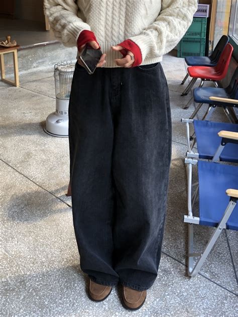 윈아웃 유니 블랙 슬랍 와이드 흑청 데님 팬츠 위시버킷