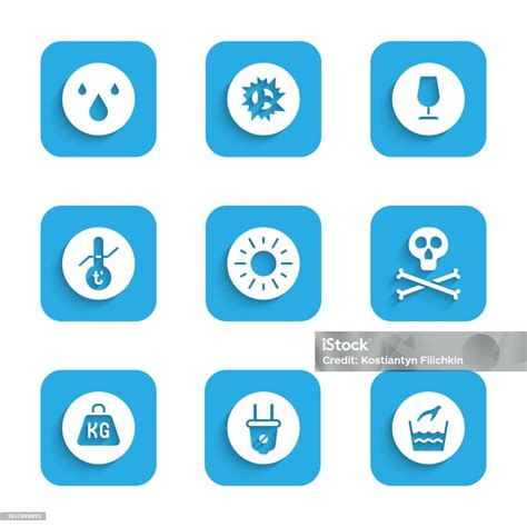 세트 태양 전기 플러그 손 씻기 세탁 뼈 두개골 경고 무게 기상 온도계 깨지기 쉬운 깨진 유리 및 물방울 아이콘 벡터 경계