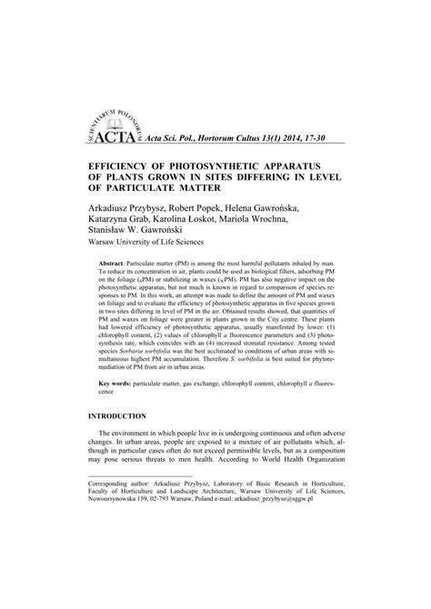 Pdf Efficiency Of Photosynthetic Apparatus Of Plants Grown In Sites