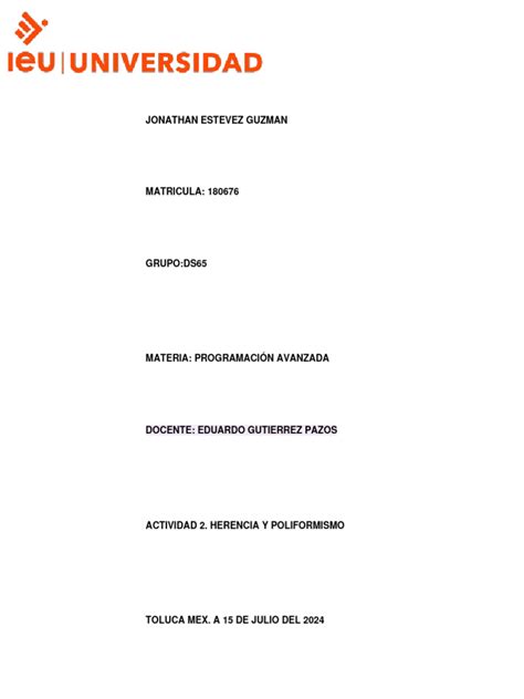 actividad 2 herencia y poliformismo jonathan estevez pdf herencia programación orientada a