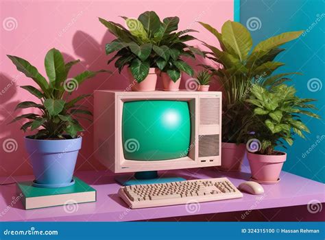 Retro Desktop Computer With Green Crt Monitor Stock Illustration
