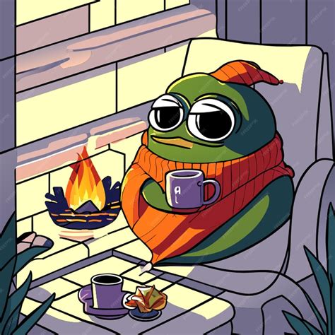 A Tiny Pepe The Frog Sipping Tea Wearing A Cozy Knit Sweater By The